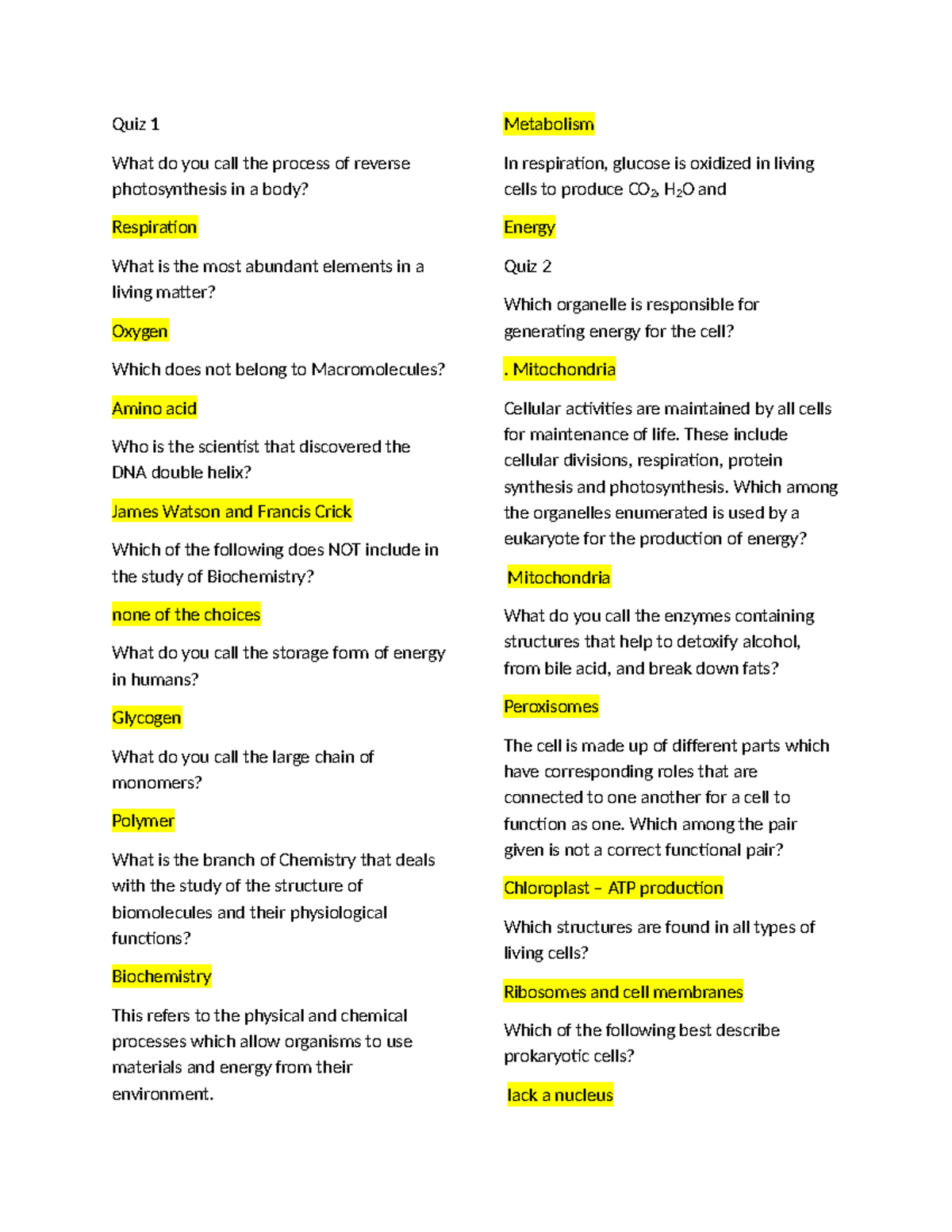 Quiz 1 - Metabolism and Cellular Processes Reviewer - Studocu