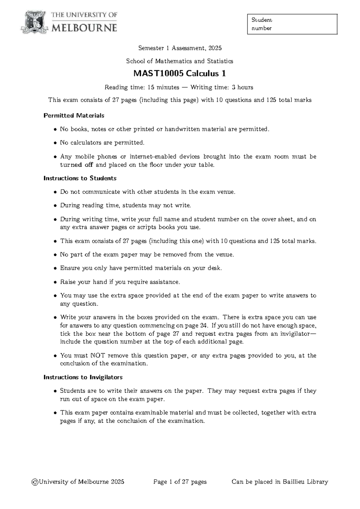 MAST10005 Calculus 1 Final Exam - Semester 1, 2025 - Studocu