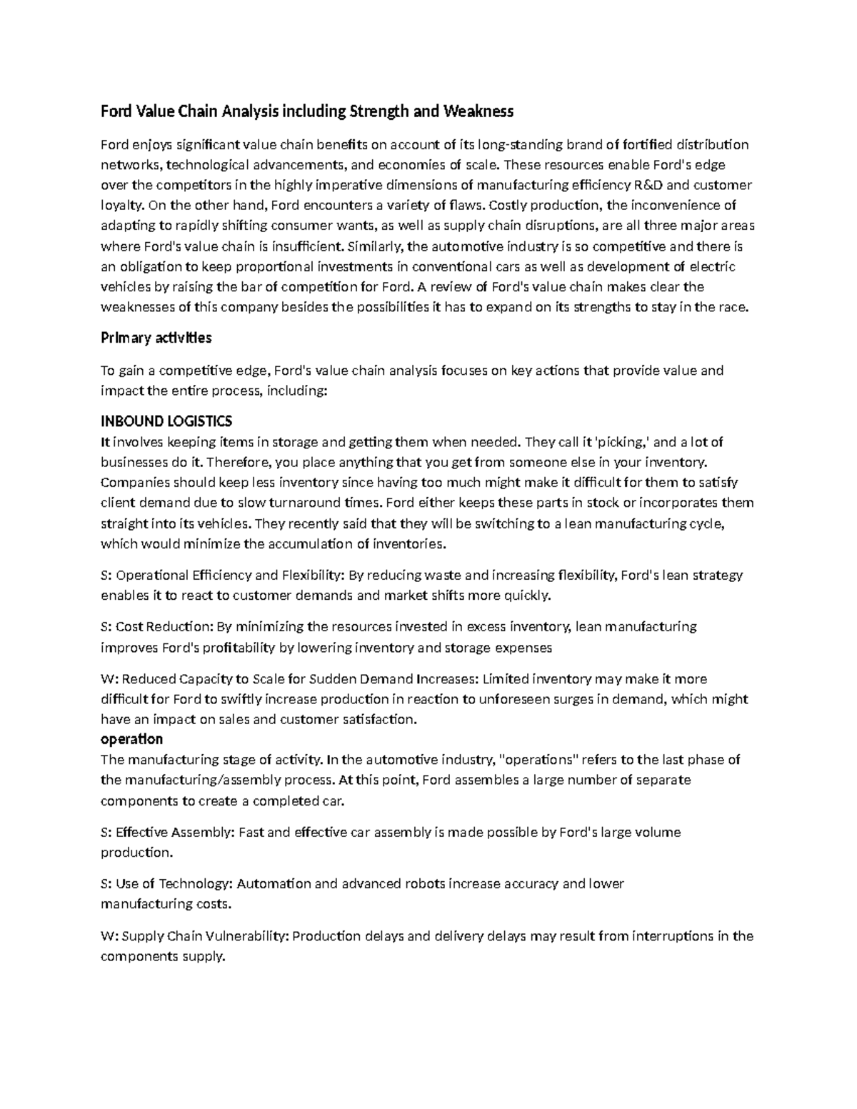 Ford Value Chain Analysis: Identifying Strengths and Weaknesses - Studocu