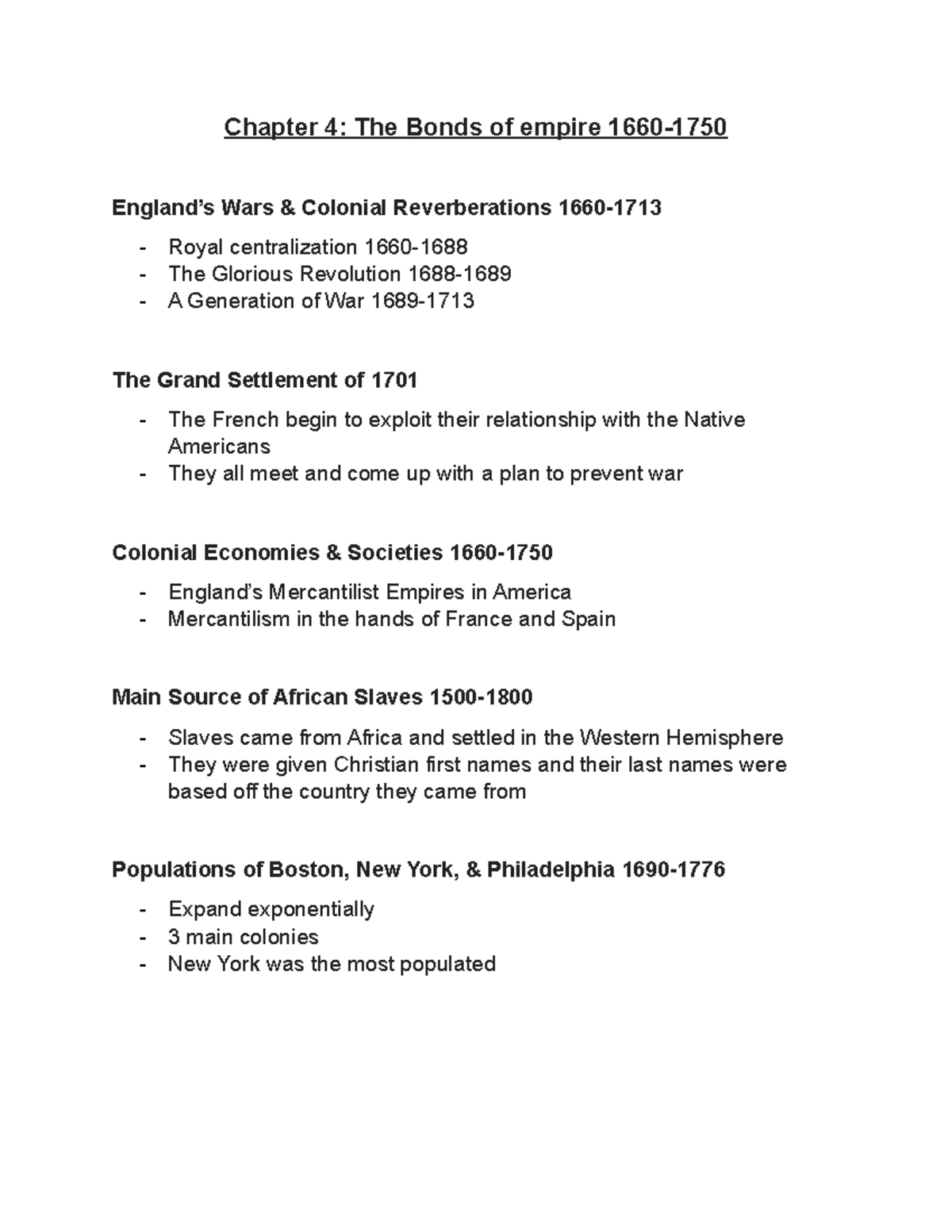 Lecture Notes: Chapter 4 - The Bonds of Empire 1660-1701 - Studocu