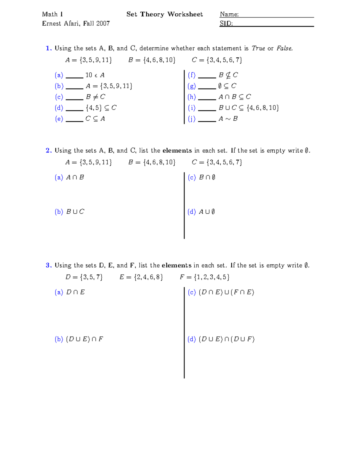Sets properties, Sets theory activities 2 - Math IErnest Afari, Fall ...