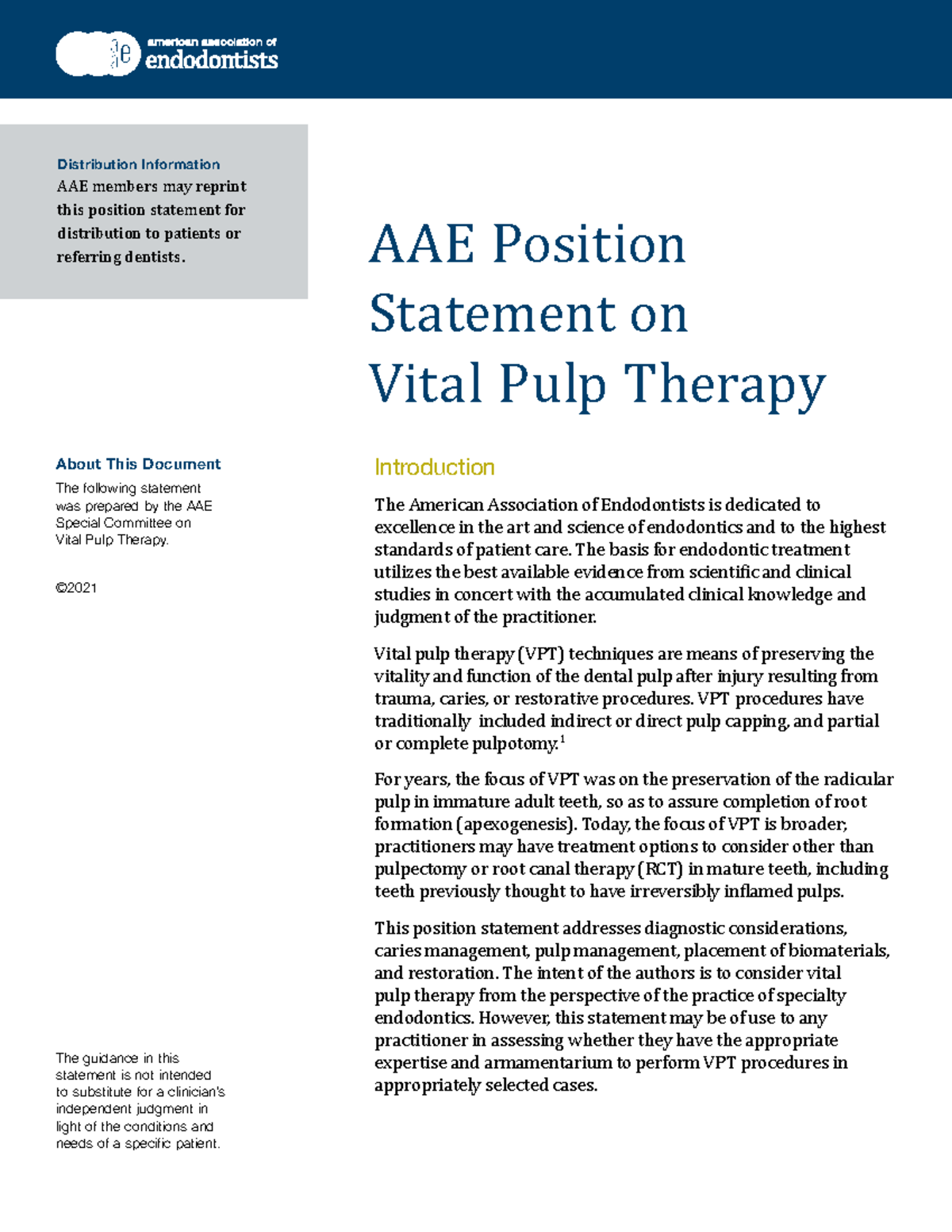 AAE Position Statement on Vital Pulp Therapy Guidelines - Studocu