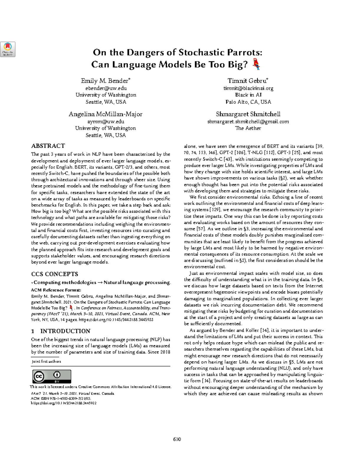 On the Risks of Stochastic Parrots in Language Models (FAccT '21) - Studocu