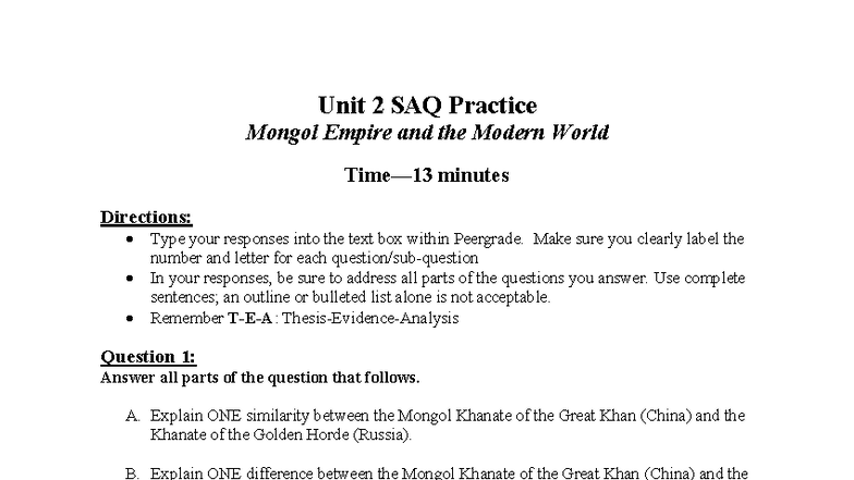 Mongol Empire SAQ Practice: Unit 2 Analysis and Comparison - Studocu