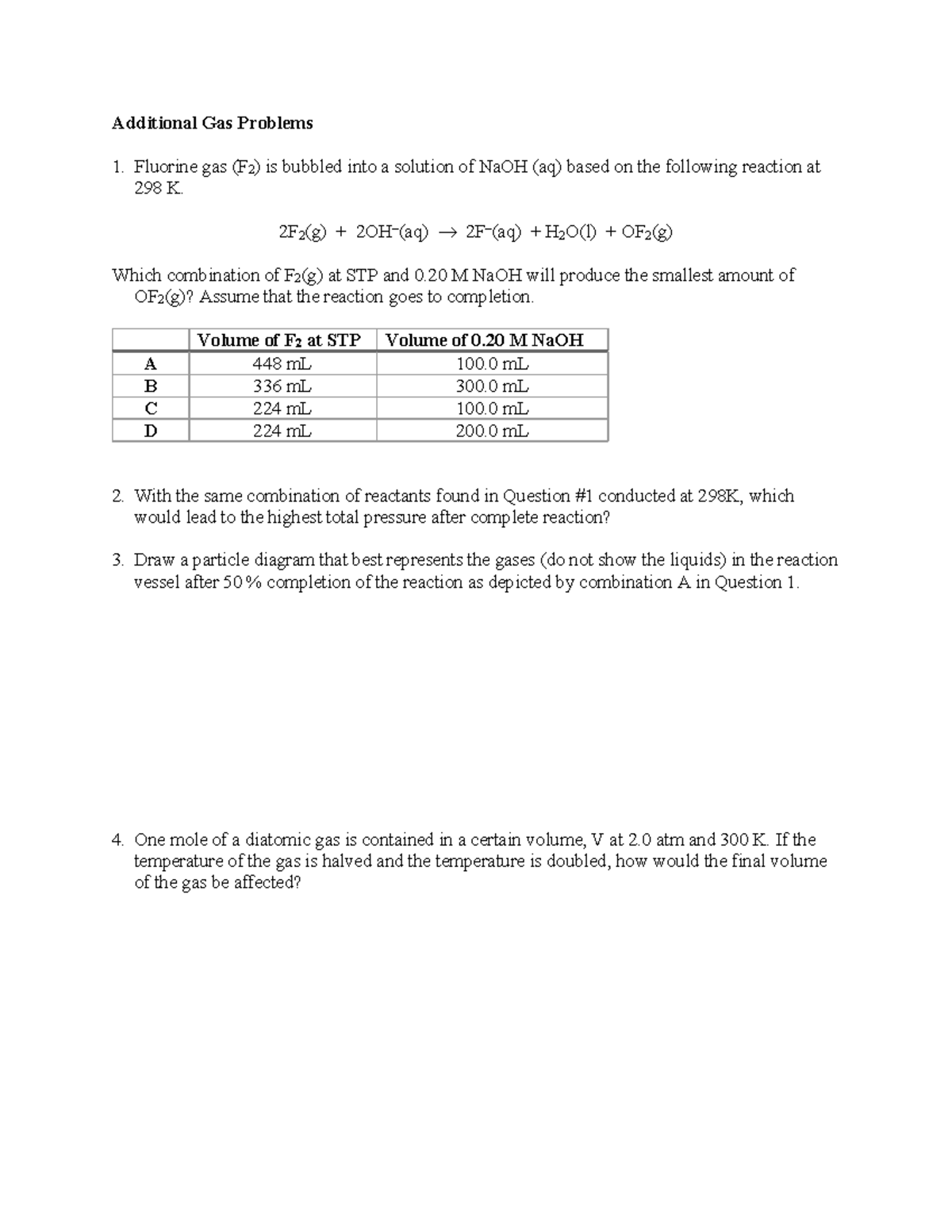 Gas Reactions and Spectrophotometry Problems: Chemistry Worksheet - Studocu
