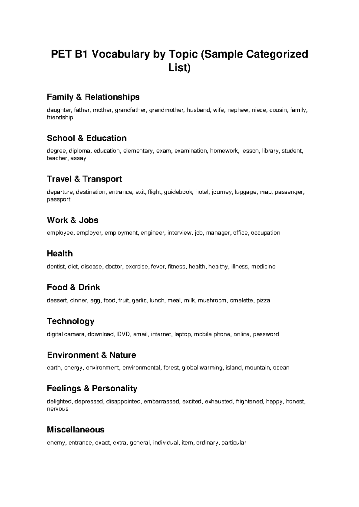 PET B1 Vocabulary: Sample Categorized List by Topic - Studocu