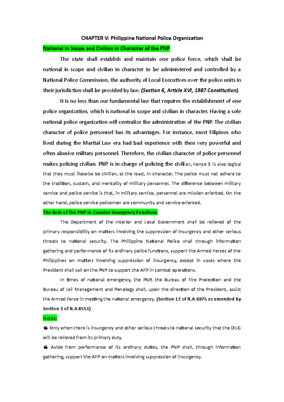 Chapter V: Organization of the Philippine National Police (PNP) - Studocu