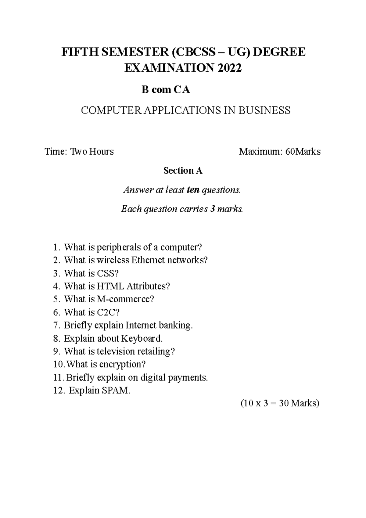 5th Sem CA Computer Applications in Business Exam 2022 Guide - Studocu