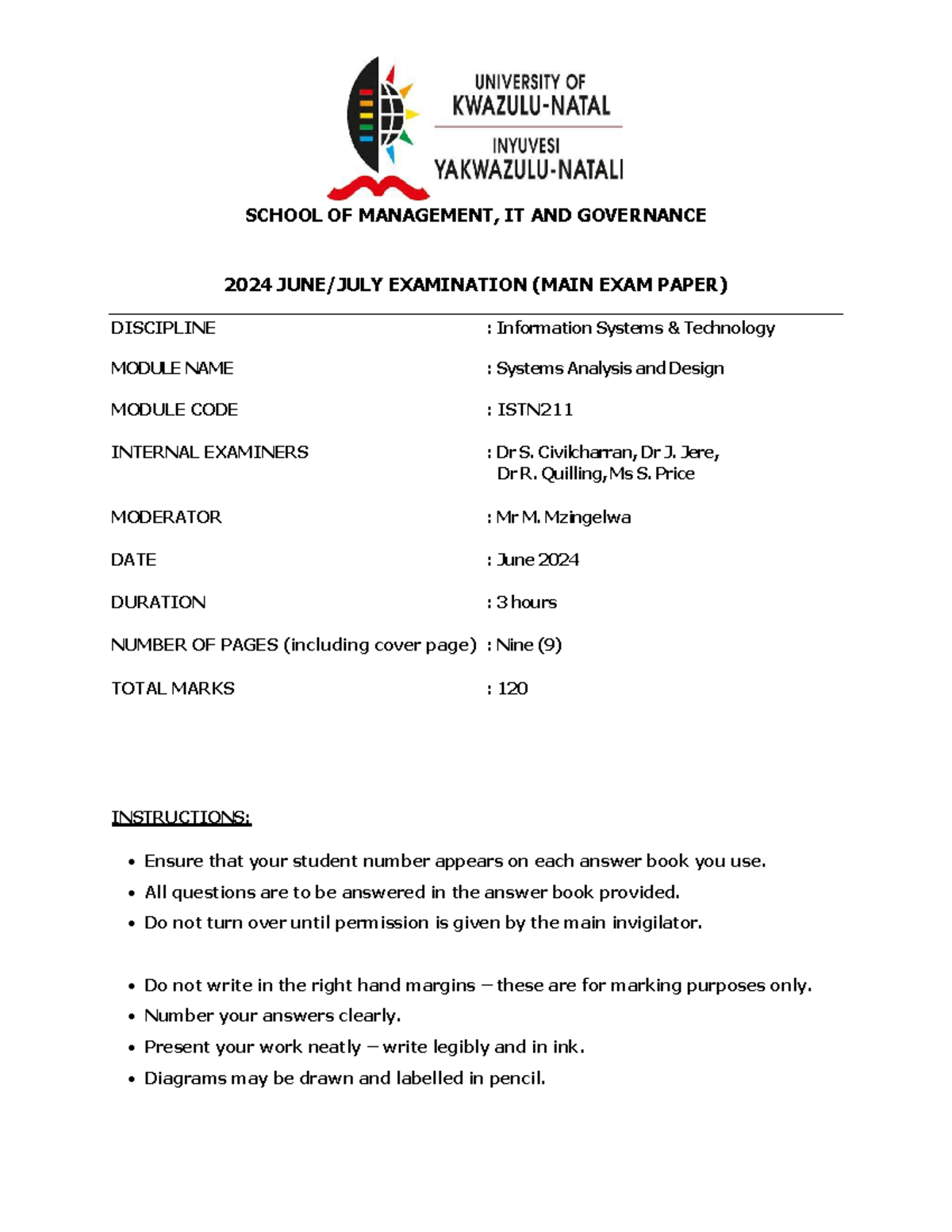 ISTN211 2024 exam - exam question paper - SCHOOL OF MANAGEMENT, IT AND ...