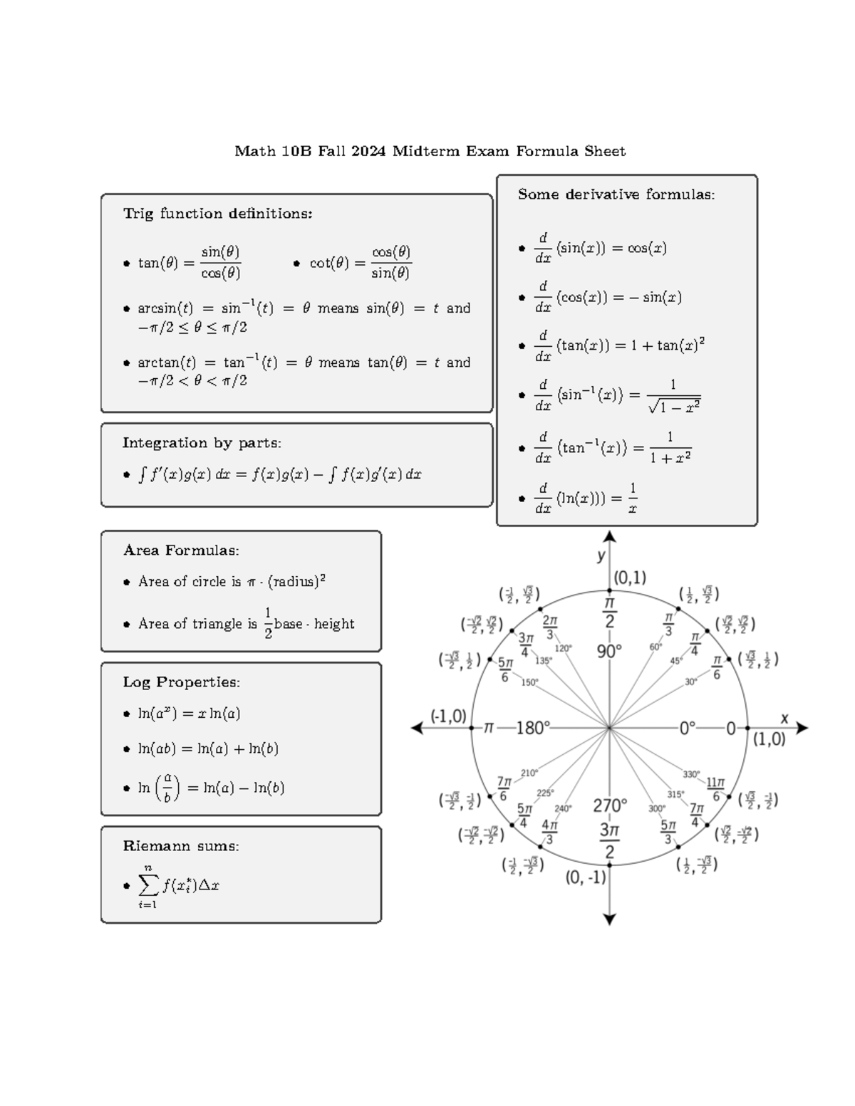 Midterm formula sheet - Math 10B Fall 2024 Midterm Exam Formula Sheet Trig function definitions ...
