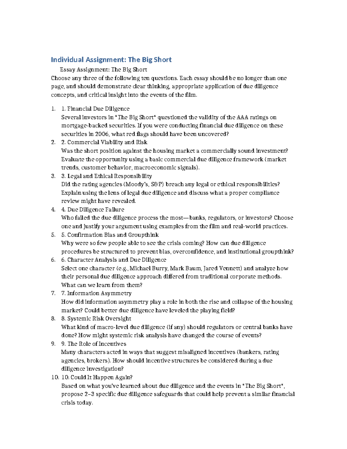 FIN 301: Individual Assignment - The Big Short Essay Questions - Studocu