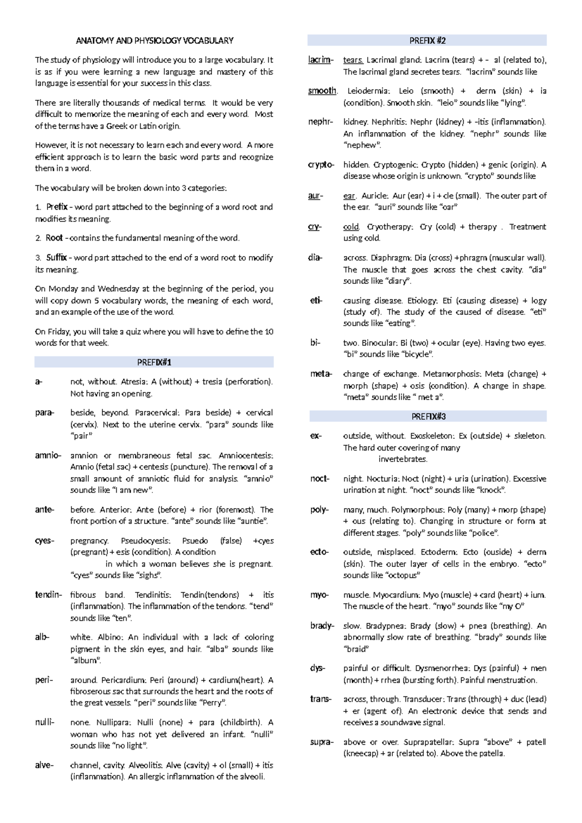 Anatomy & Physiology Vocabulary Guide for Success - Studocu