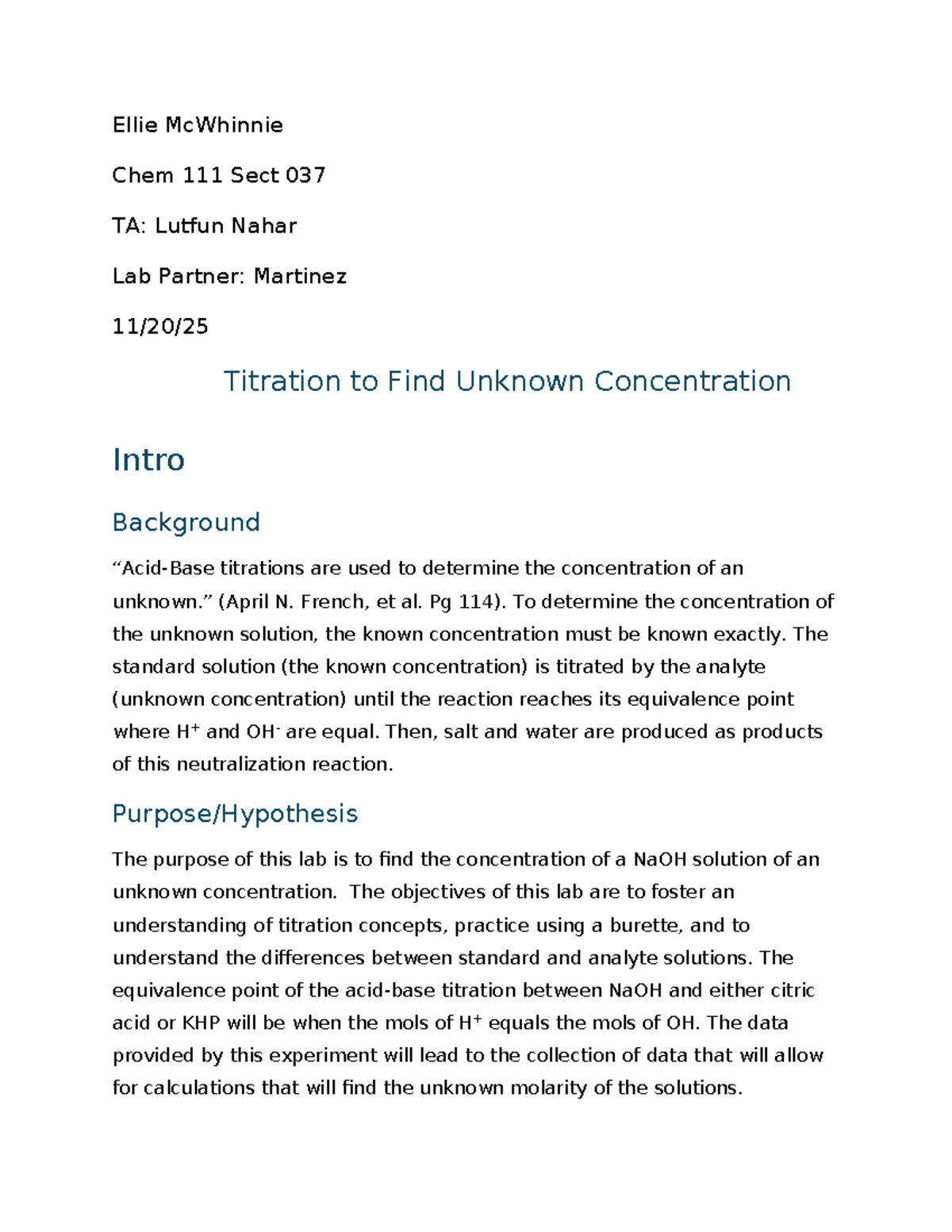 CHE 105 Lab #7 Report: Titration to Determine Unknown Concentration ...