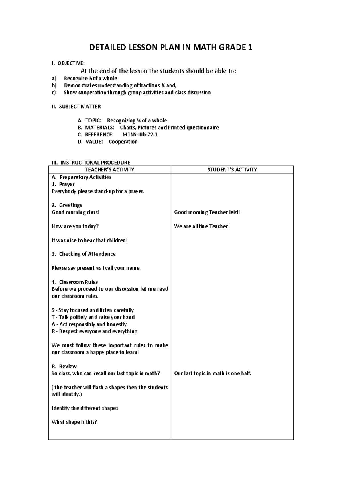 Detailed Lesson Plan in Math GRADE 1 - Recognizing ¼ of a Whole - Studocu