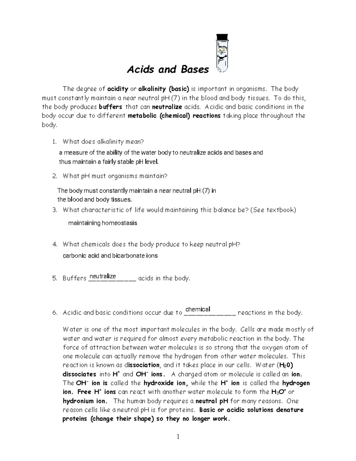 Acids and Bases Worksheet: Understanding pH and Neutralization - Studocu