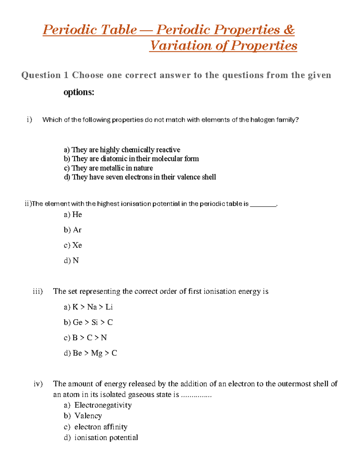 Chemistry X Ch1 - Periodic Table Worksheet & Properties MCQs - Studocu
