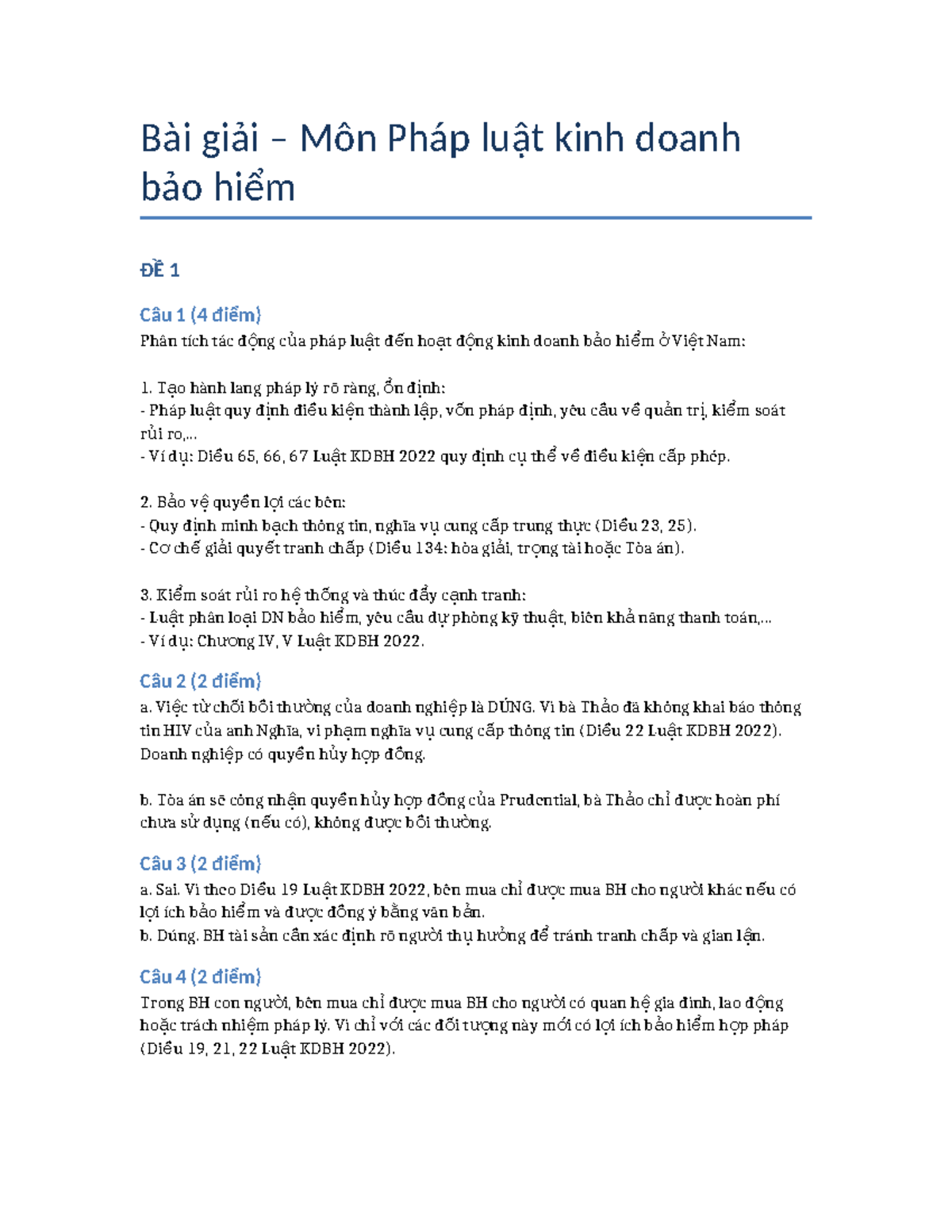 Phân Tích Pháp Luật KDBH - Bài Giải Đề 1 Môn Pháp Luật Kinh Doanh - Studocu