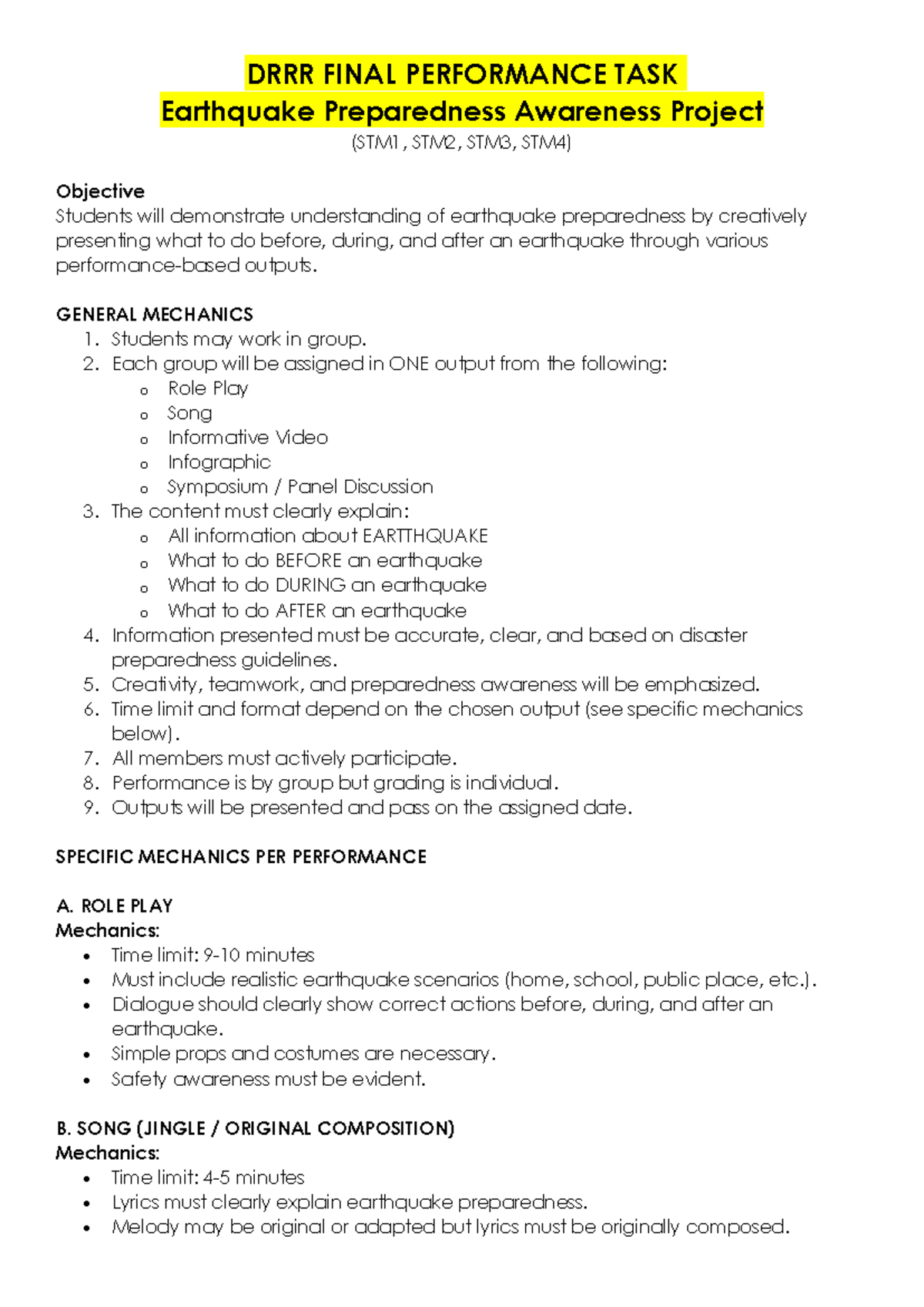 FINAL PERFORMANCE TASK: Earthquake Preparedness Project (STM1, STM2 ...