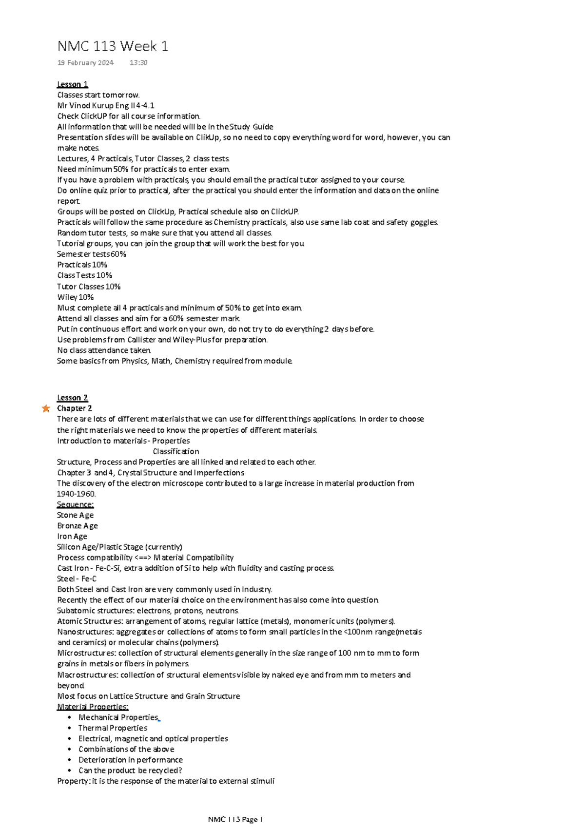 NMC 113 - Week 1 Overview of Materials Science Concepts - Studocu