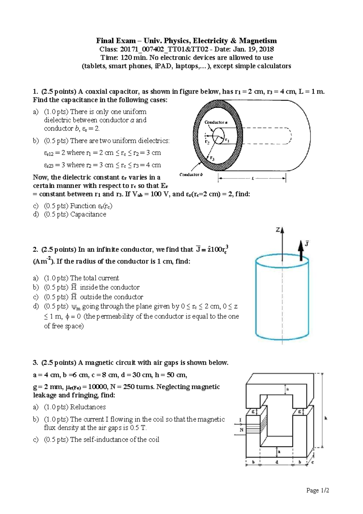 Final Exam PHY212: Univ. Physics, Electricity & Magnetism - Jan 2018 ...