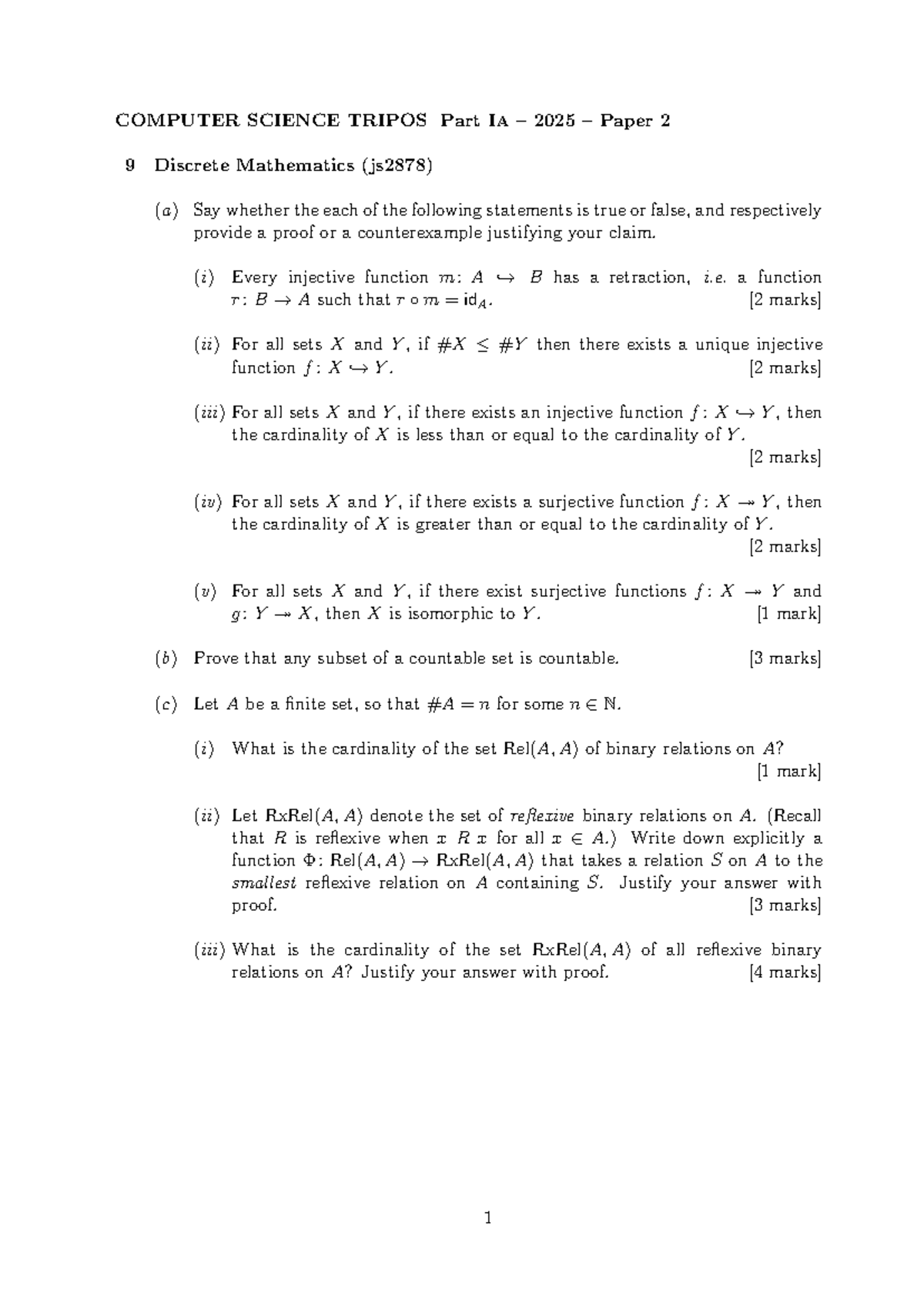 COMPUTER SCIENCE TRIPOS Part IA 2025 Paper 2 Discrete Mathematics Exam ...