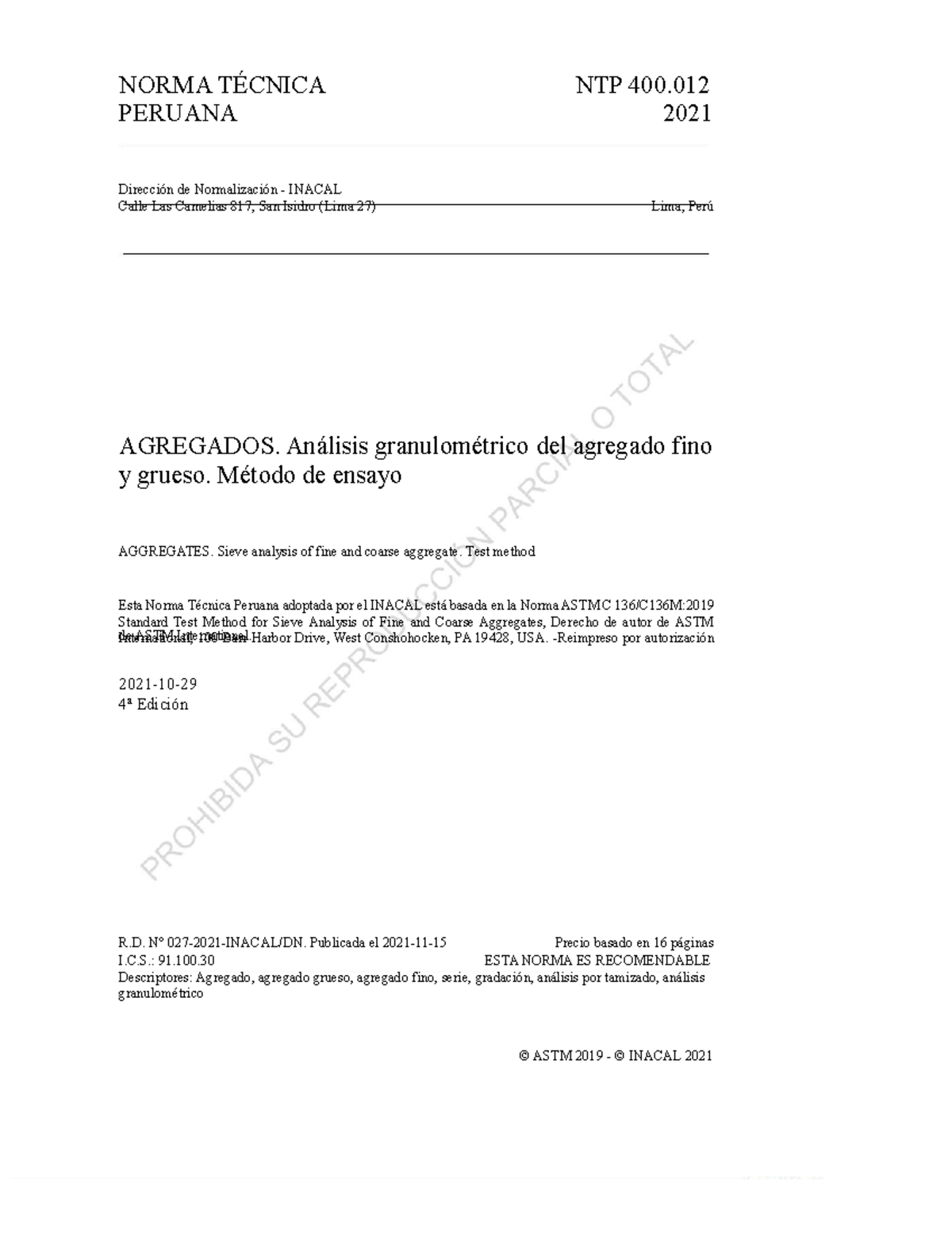 NTP 400.012:2021 Análisis Granulométrico de Agregados Finos y Gruesos ...