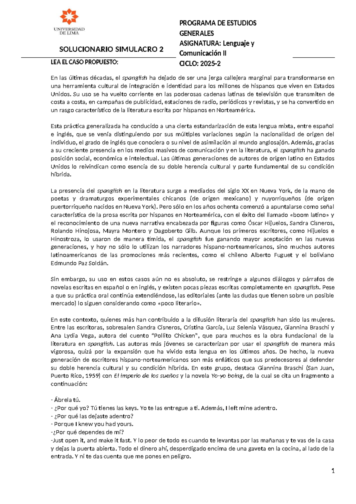 Solucionario Simulacro 2 2025-2: El Spanglish en la Literatura - Studocu