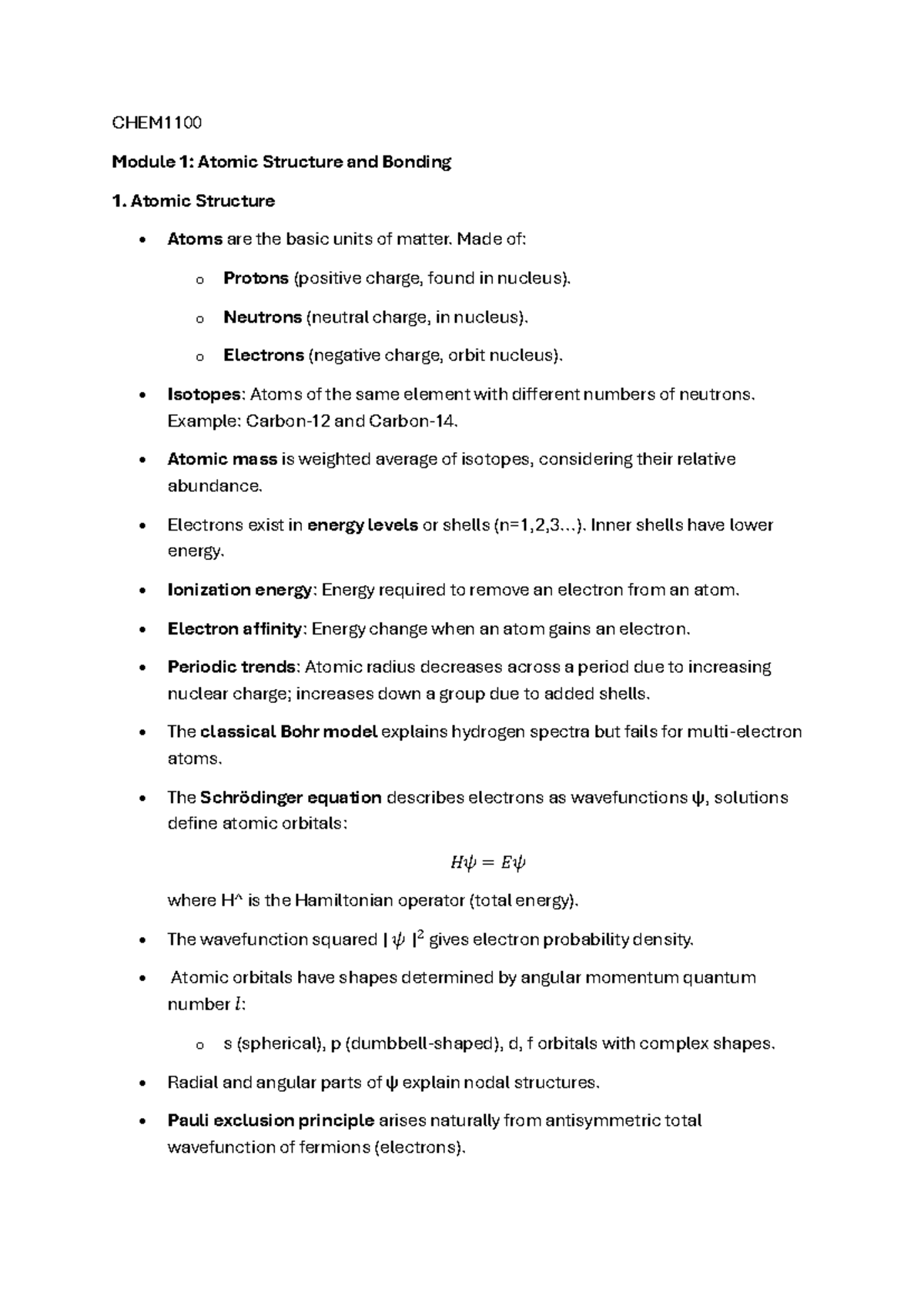 CHEM1100 Comprehensive Notes: Atomic Structure, Thermodynamics & Redox ...