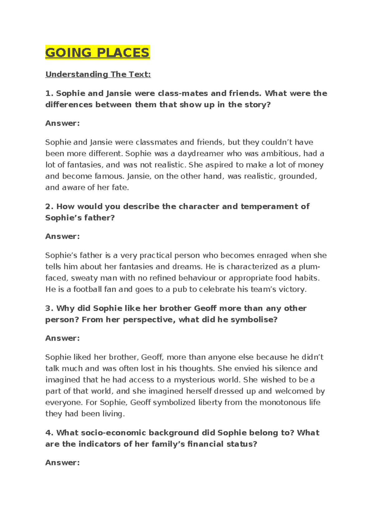 GOING PLACES: Character Analysis and Themes in the Text - Studocu