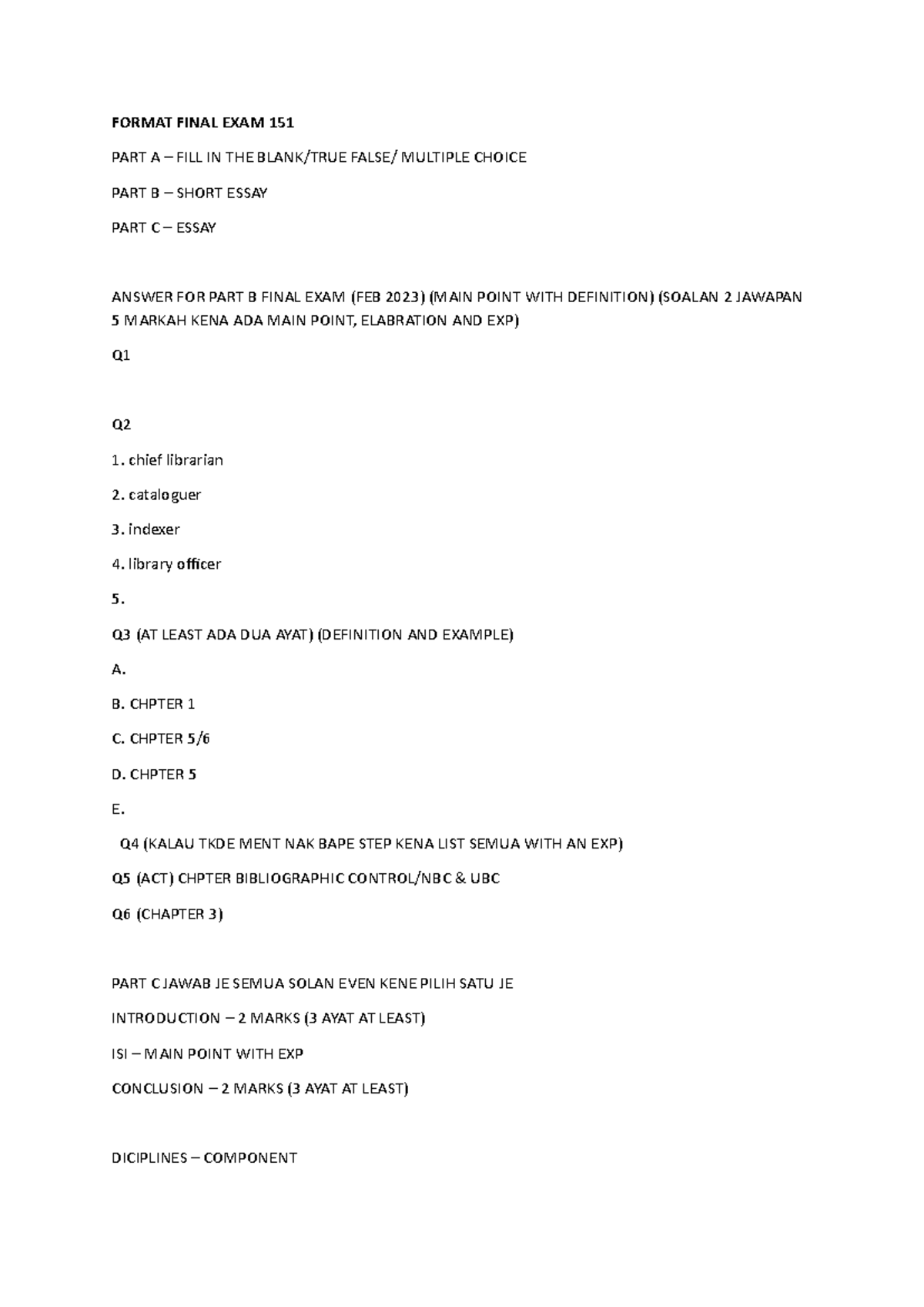 Final Exam 151 Format: MCQs, Short Essays & Detailed Answers (Feb 2023 ...
