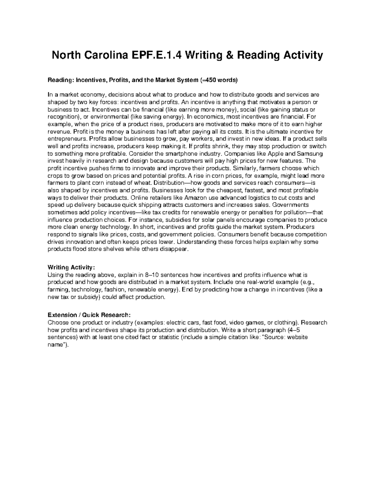 EPF E1 4 22 Incentives and Profits Activity: Market System Analysis ...