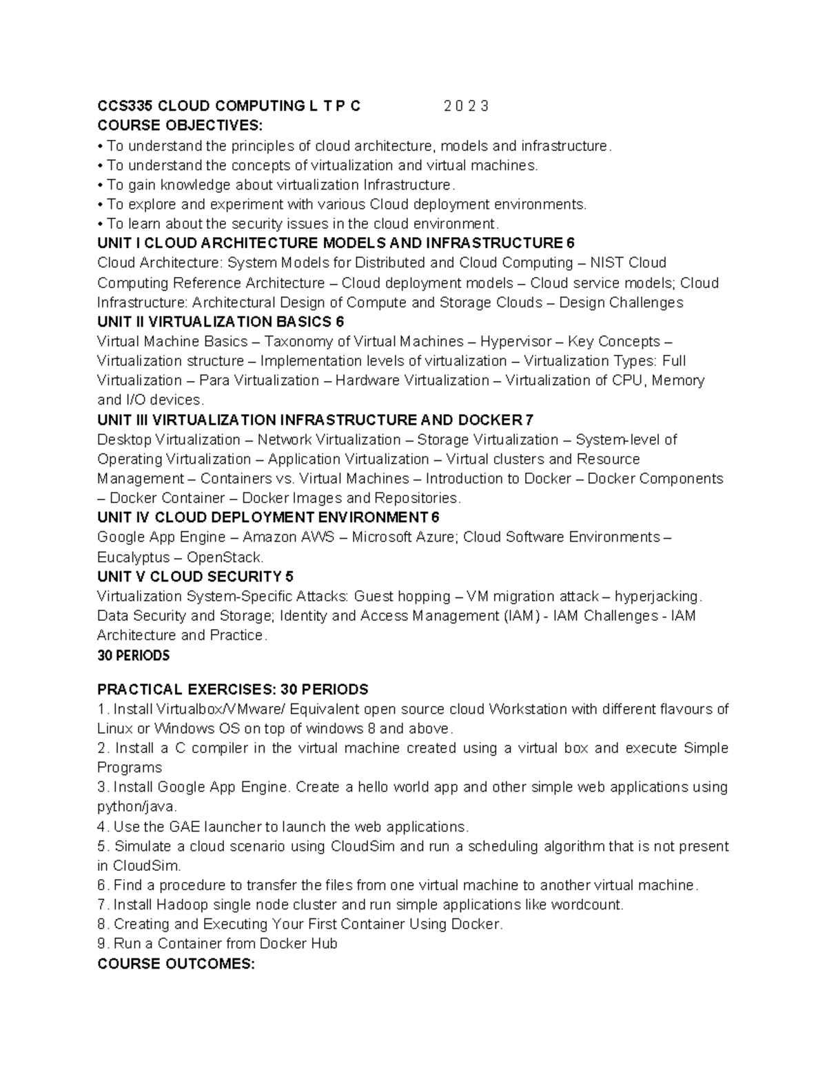 CCS335 Cloud computing course objectives and unit overview - Studocu