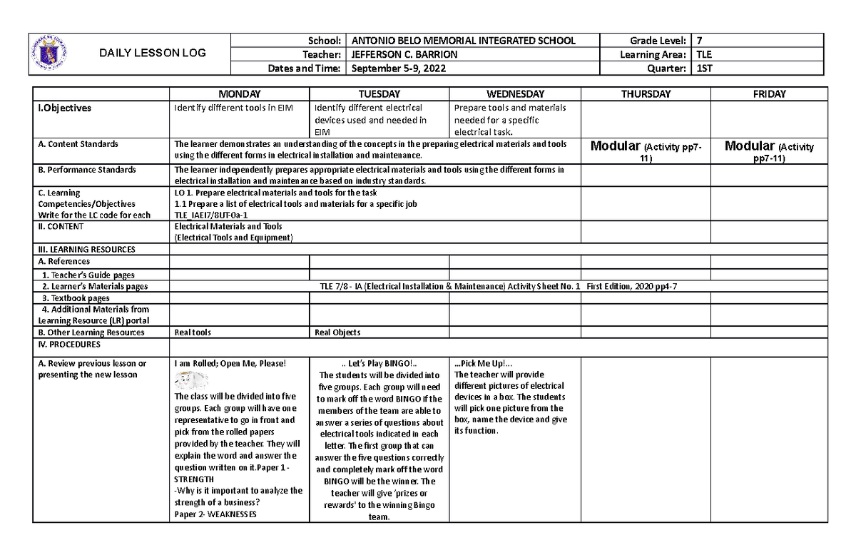 DLL in TLE Q1 EIM 1 - Electrical Tools & Equipment Guide - Studocu