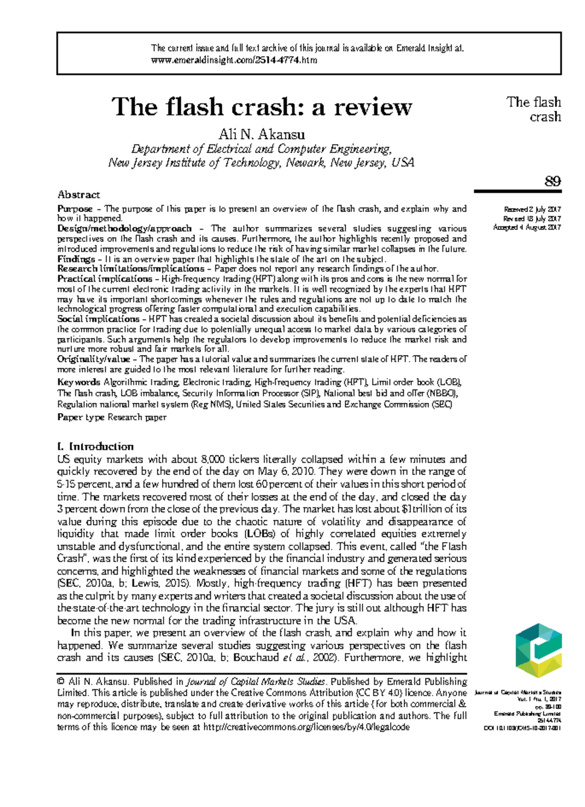 10-1108 JCMS-10-2017-001 - The flash crash: a review Ali N. Akansu ...