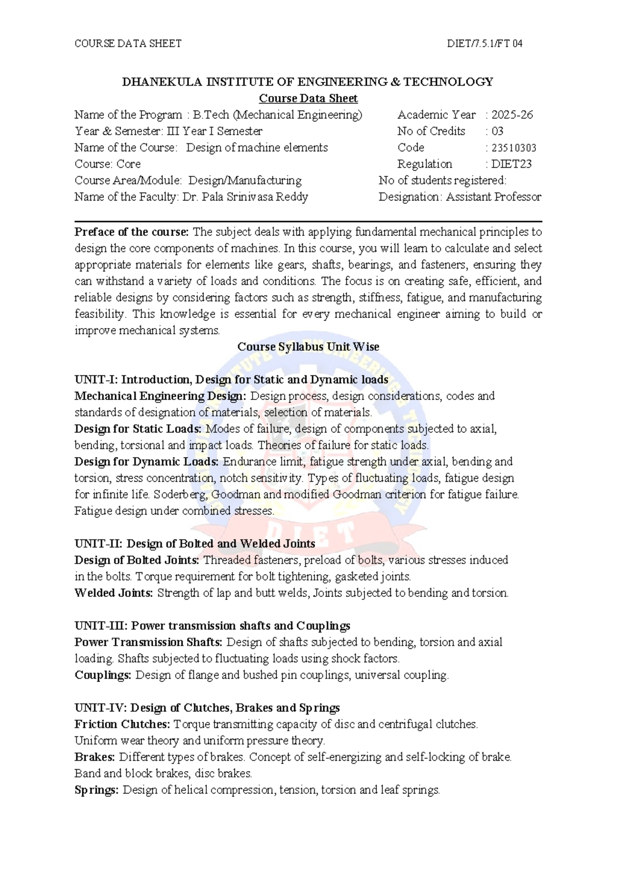 FT04 Course Data Sheet - DME: Design of Machine Elements (23510303) - Studocu
