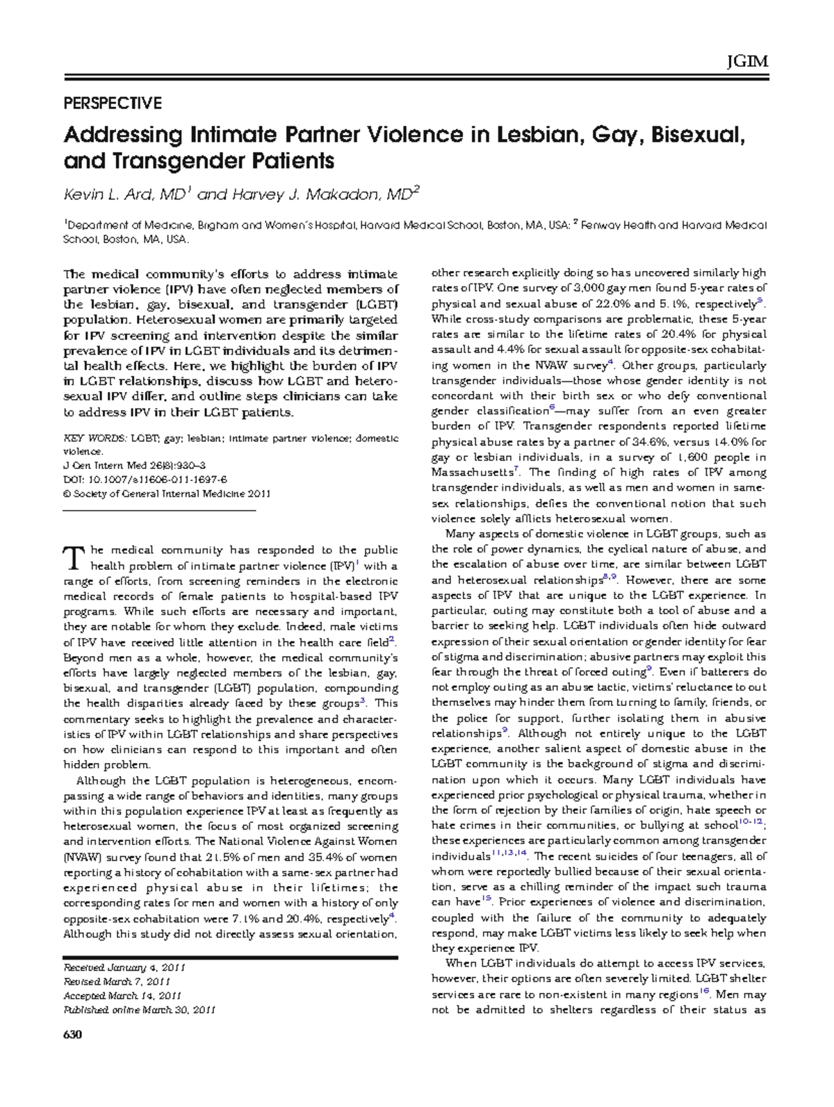 JGIM 2011: Addressing Intimate Partner Violence in LGBT Patients - Studocu