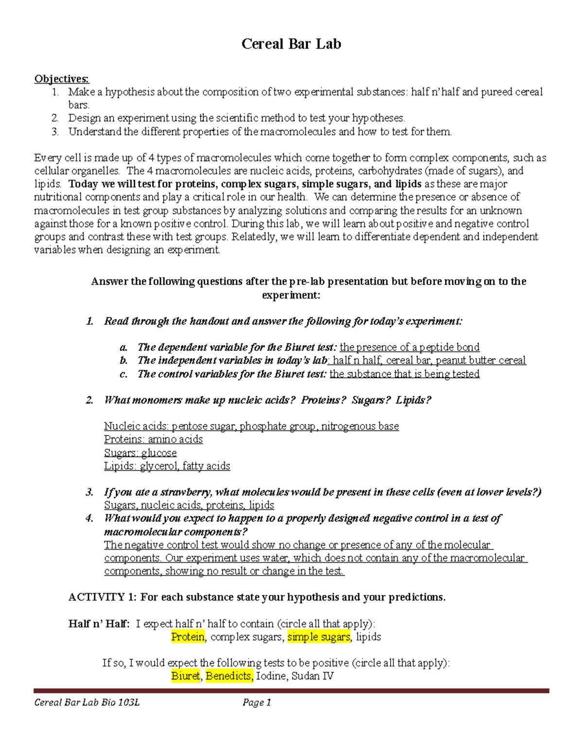 Bio Lab - Cereal Bar Lab Experiment Insights - Lab Report - Studocu