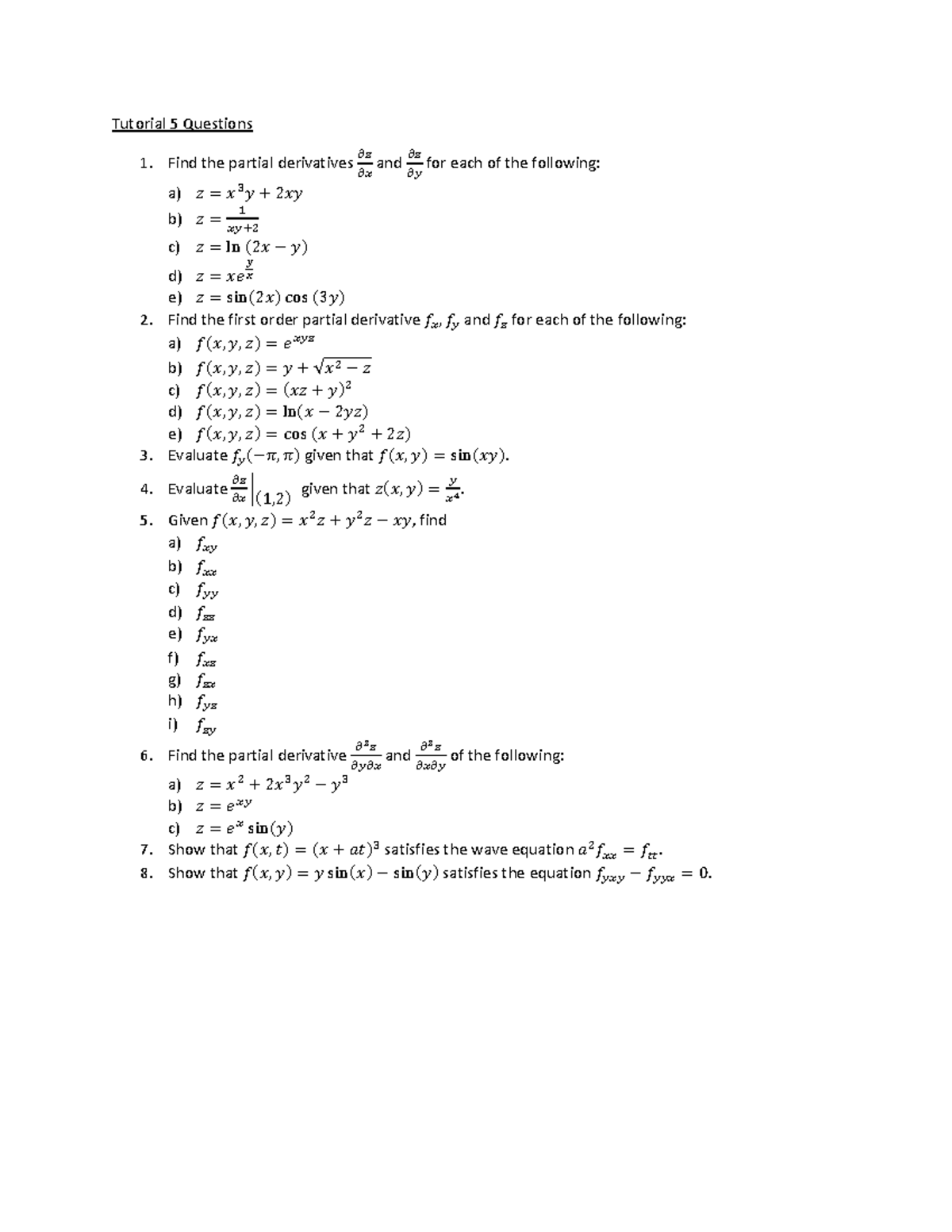 Tutorial 5: Partial Derivatives Practice Questions - Studocu