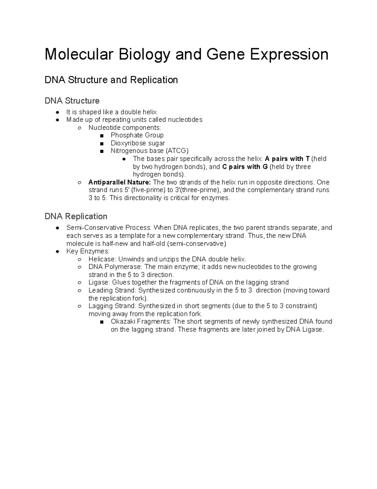Molecular Biology (BIO101): DNA Structure & Replication Overview - Studocu