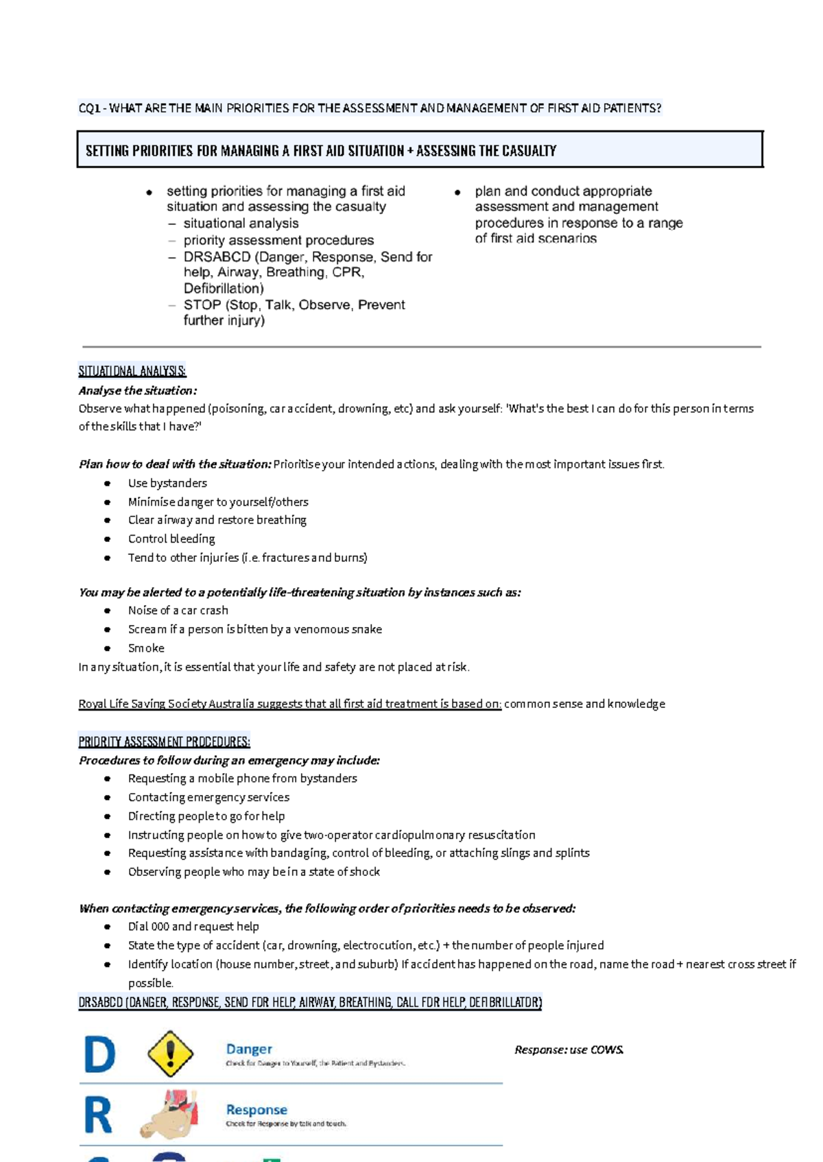 CQ1 First Aid Management Priorities: Assessing and Treating Patients ...