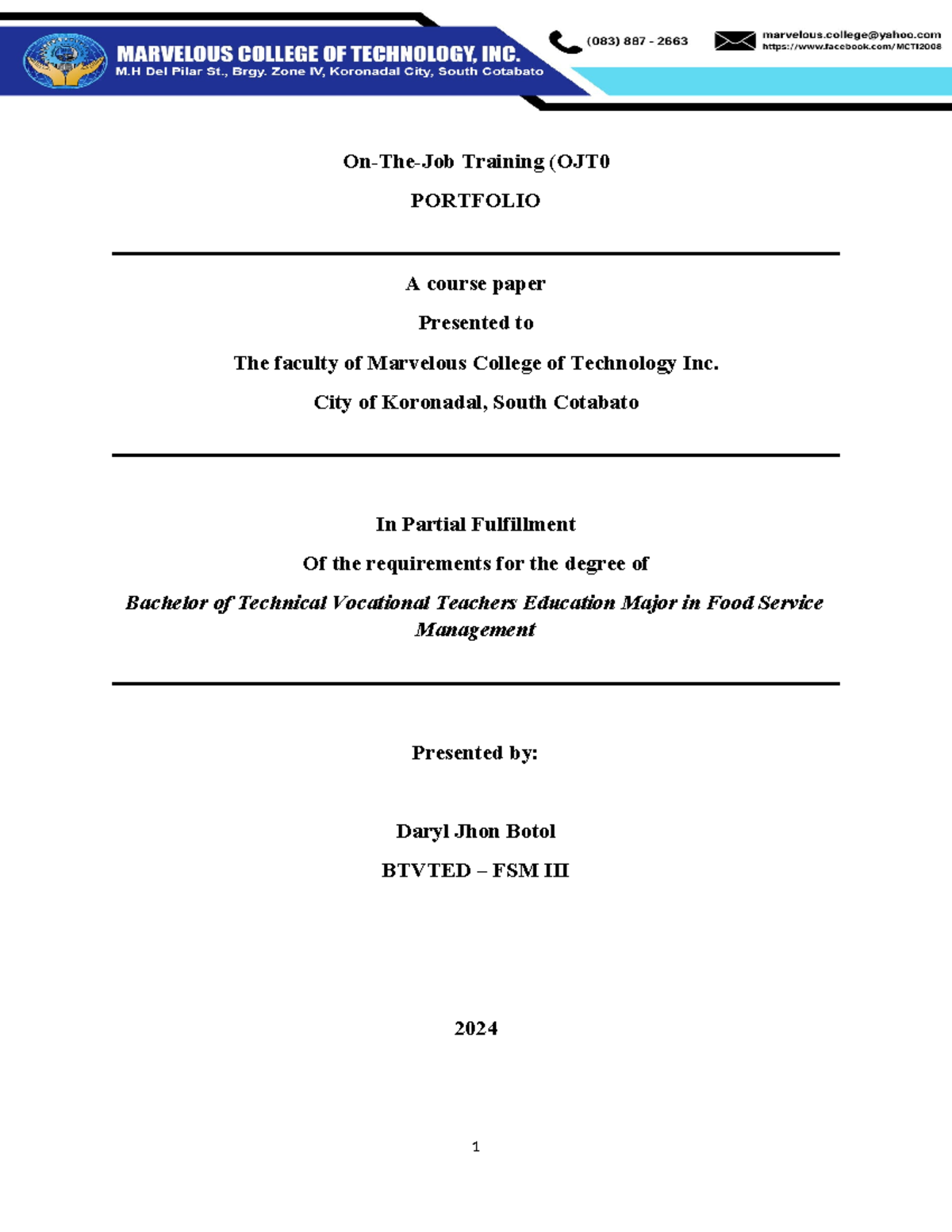 OJT Portfolio: Training Experience at Toshiko Hotel (BTVTED FSM 2024 ...