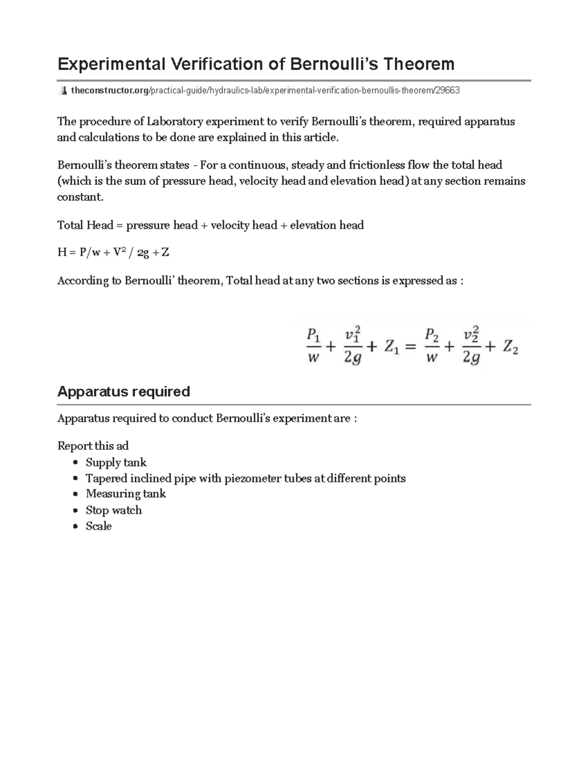 Experimental Verification of Bernoulli’s Theorem - Experimental ...