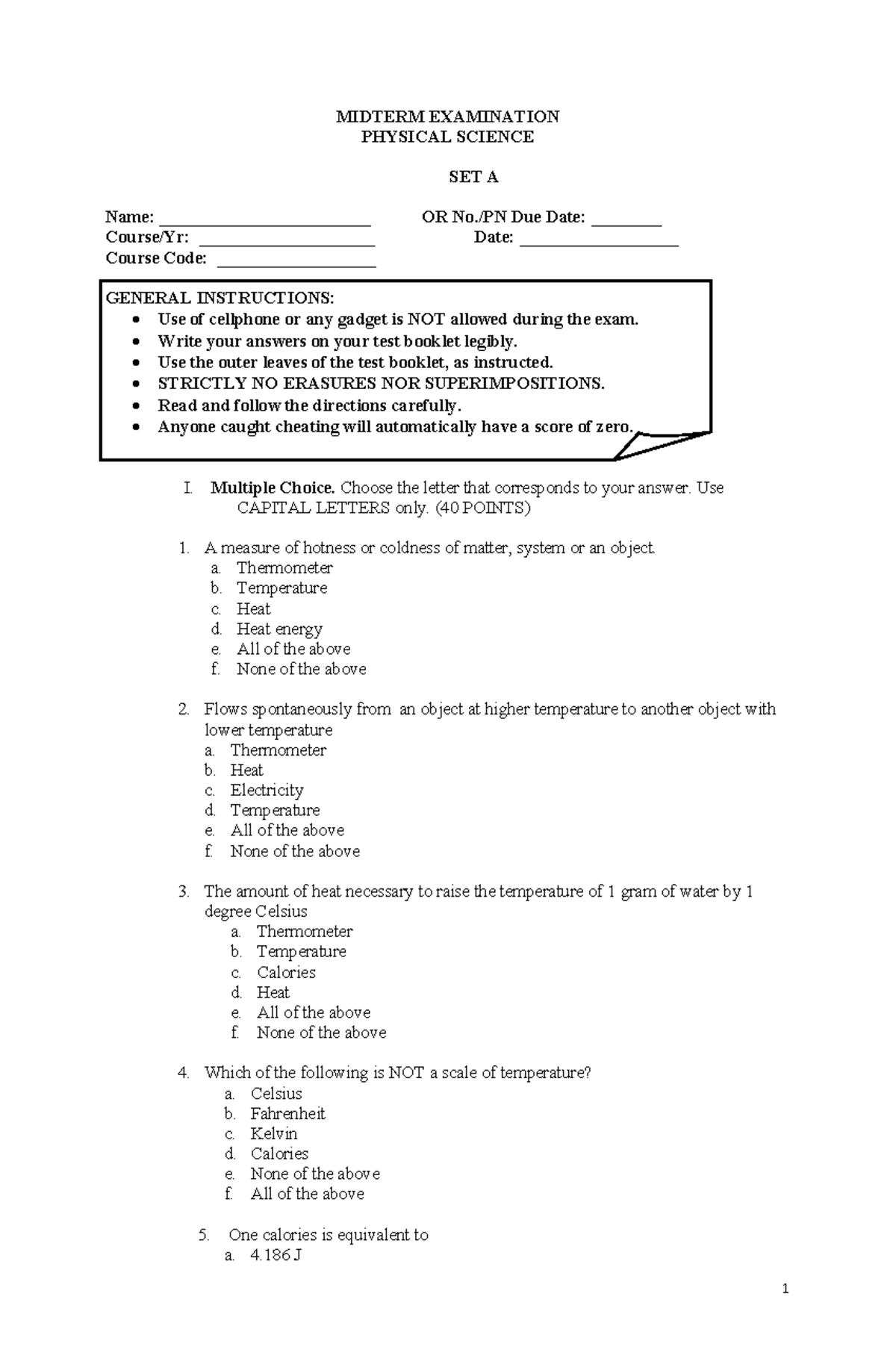 Reviewer IN Midterm EXAM IN Physical Science - MIDTERM EXAMINATION ...