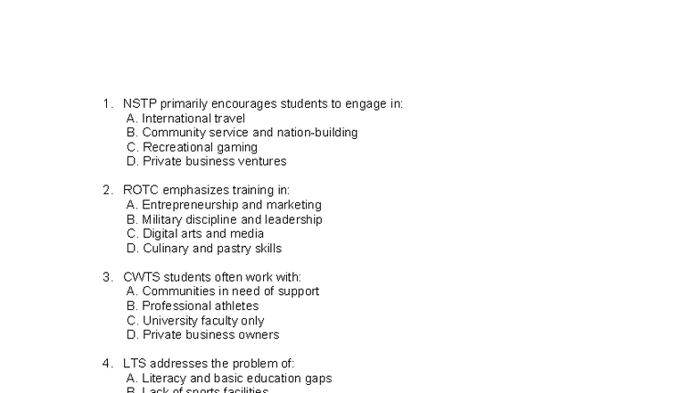 NSTP & CWTS Overview: Key Concepts & Activities - Studocu