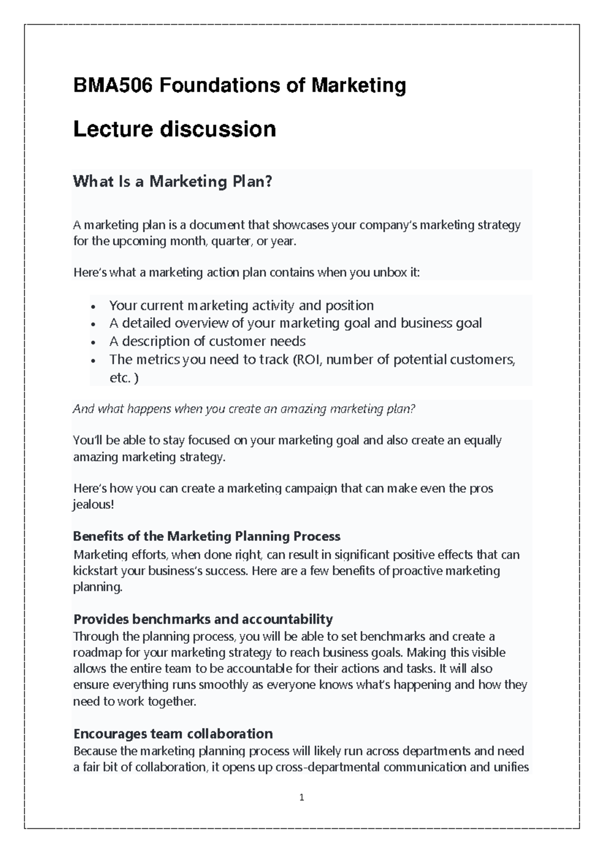 BMA506 Foundations of Marketing lecture note What Is a Marketing Plan ...