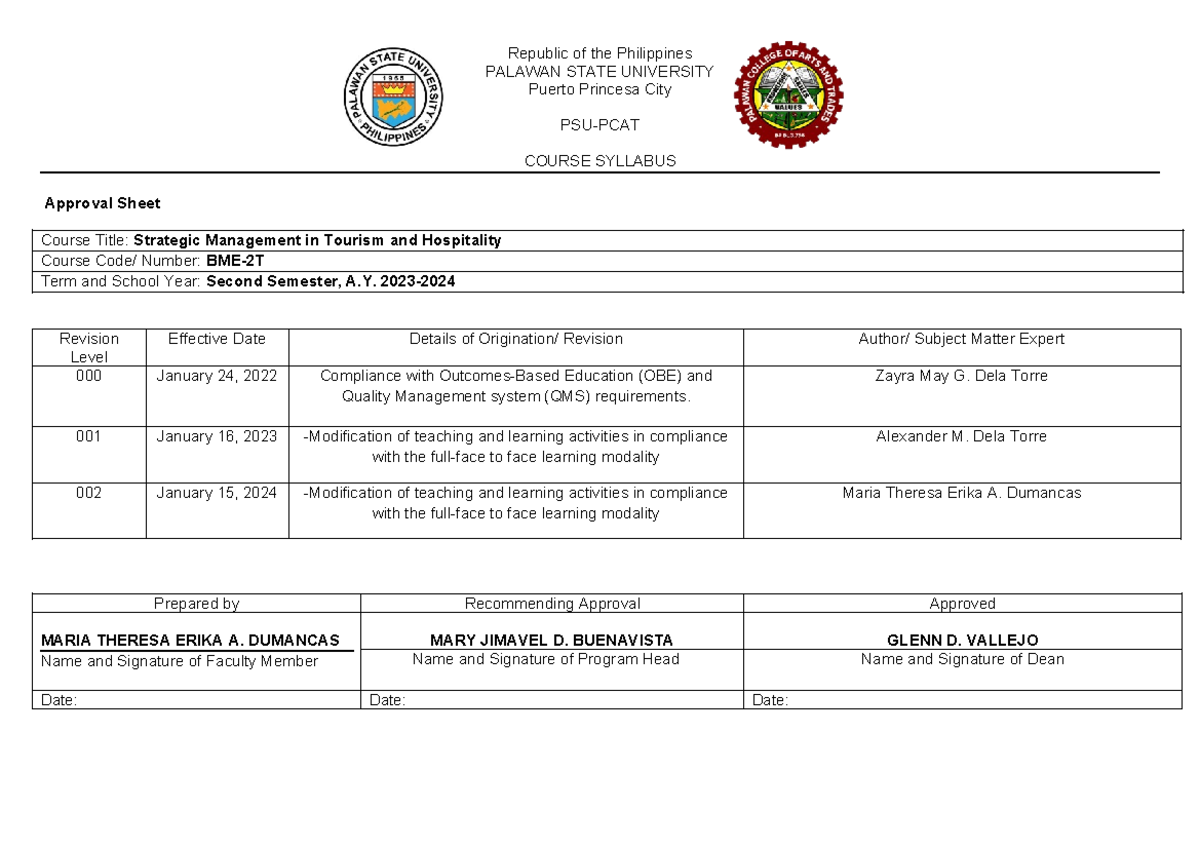 BSTM 002 Course Syllabus: Strategic Management in Tourism & Hospitality ...