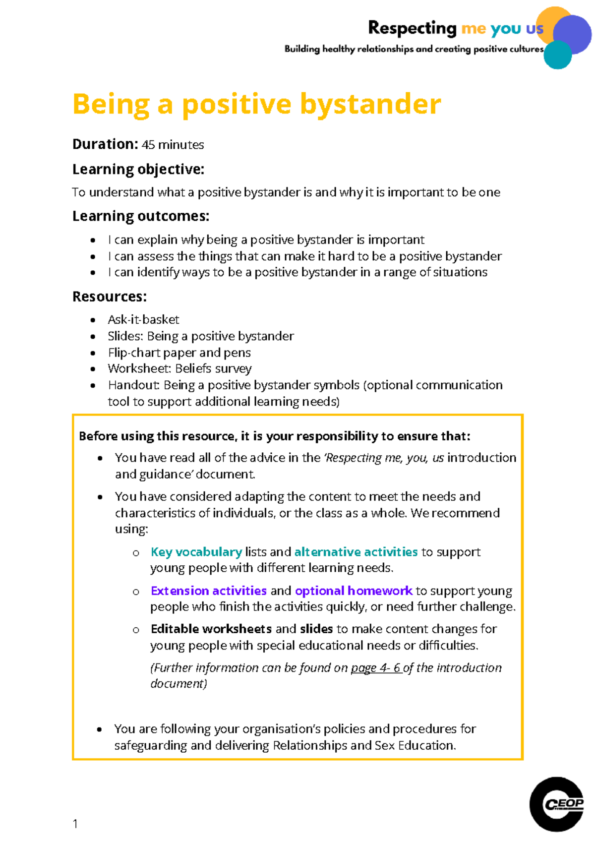 Being a Positive Bystander - Lesson Plan (45 min) - RSE 101 - Studocu