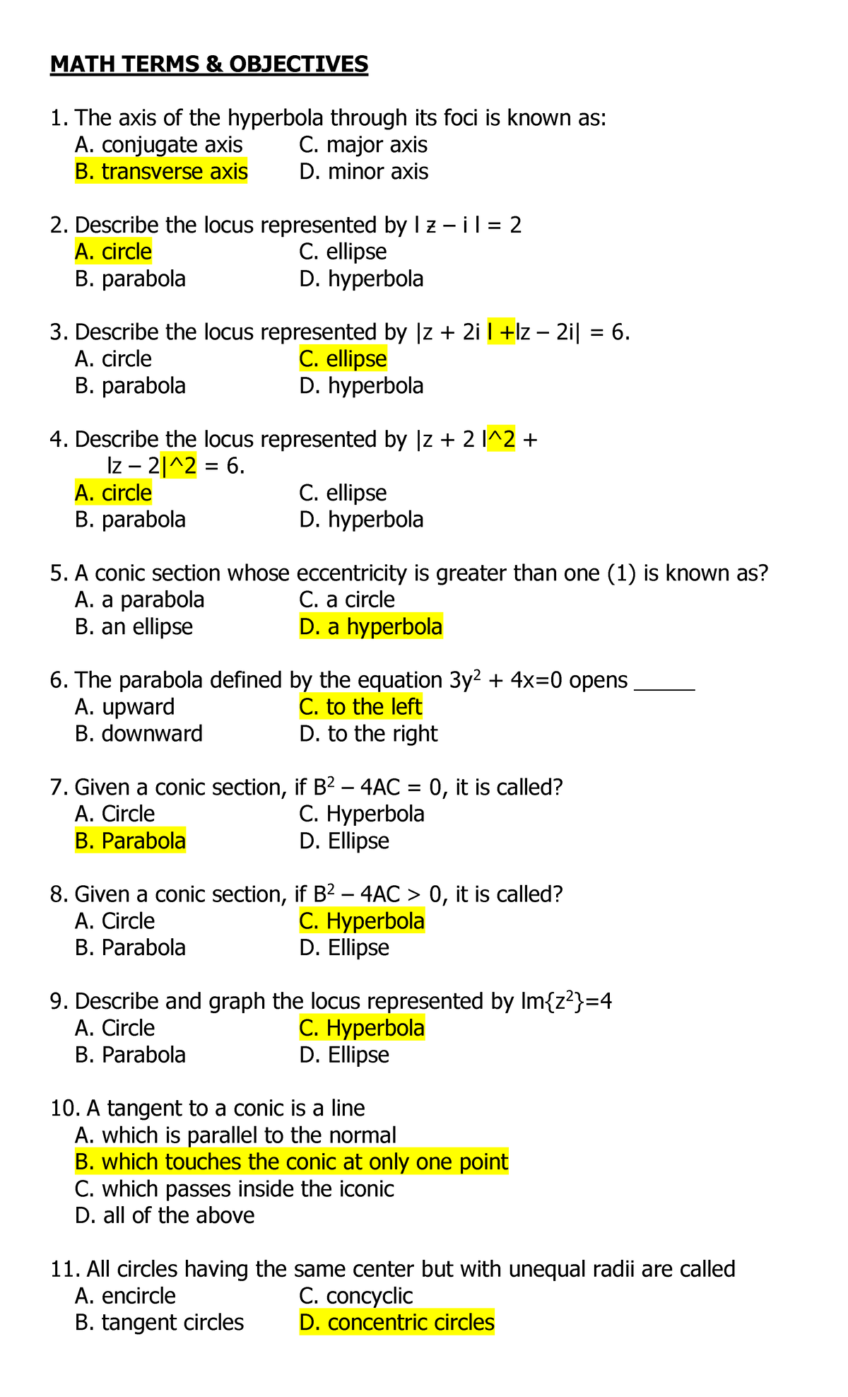 MATH 101: Key Terms & Objectives for Conic Sections and Geometry - Studocu