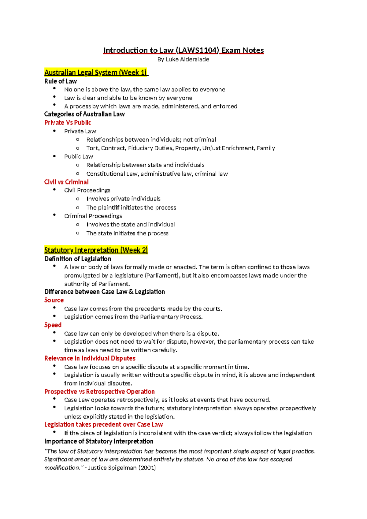 Introduction to Law (LAWS1104) Comprehensive Exam Notes - Studocu