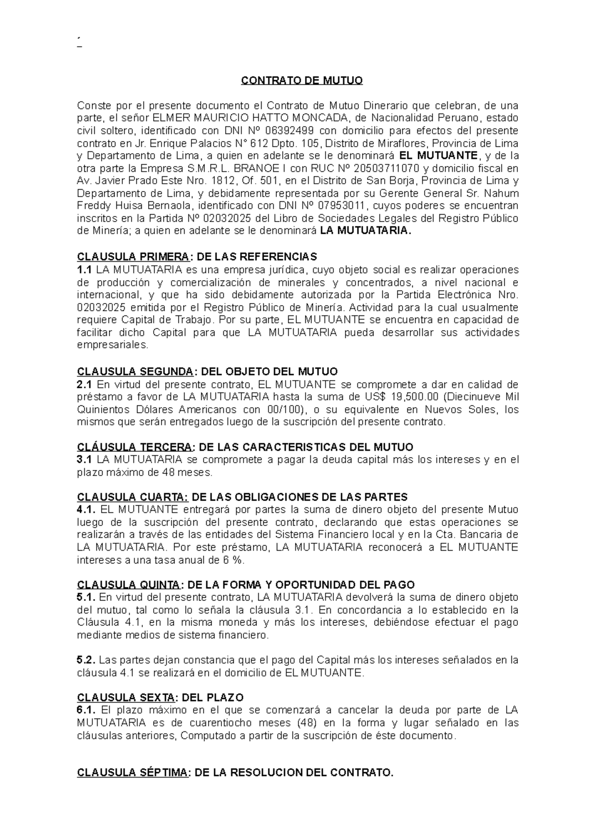 404167943 Contrato de Mutuo Dinerario entre Partes Involucradas - Studocu